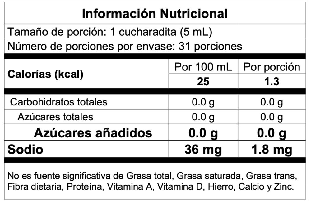 Información Nutricional Esencia de Vainilla Bary x 155 ml